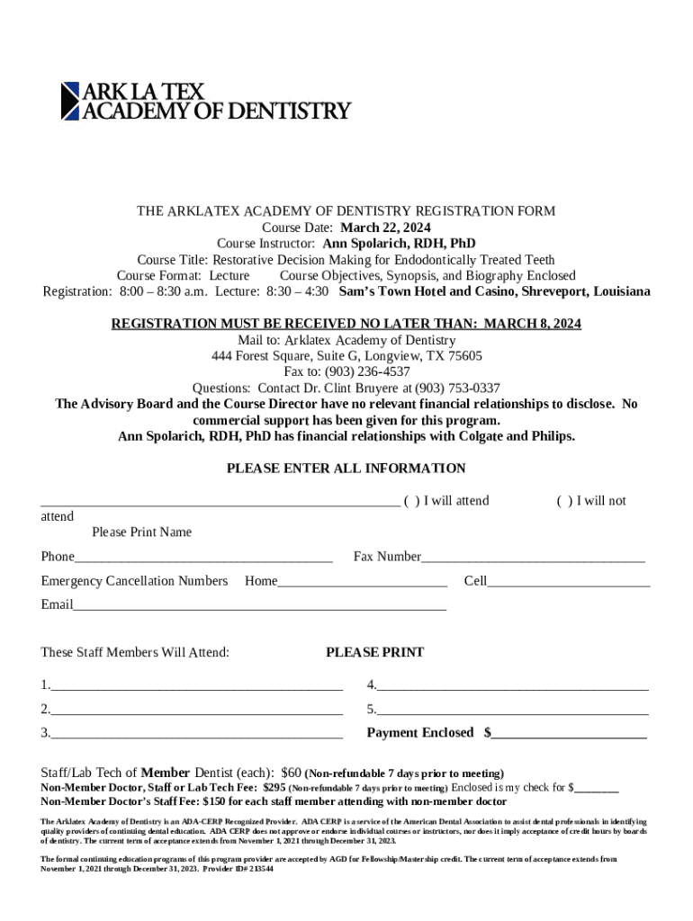 the Arklatex Academy of Dentistry Registration Doc Template | pdfFiller