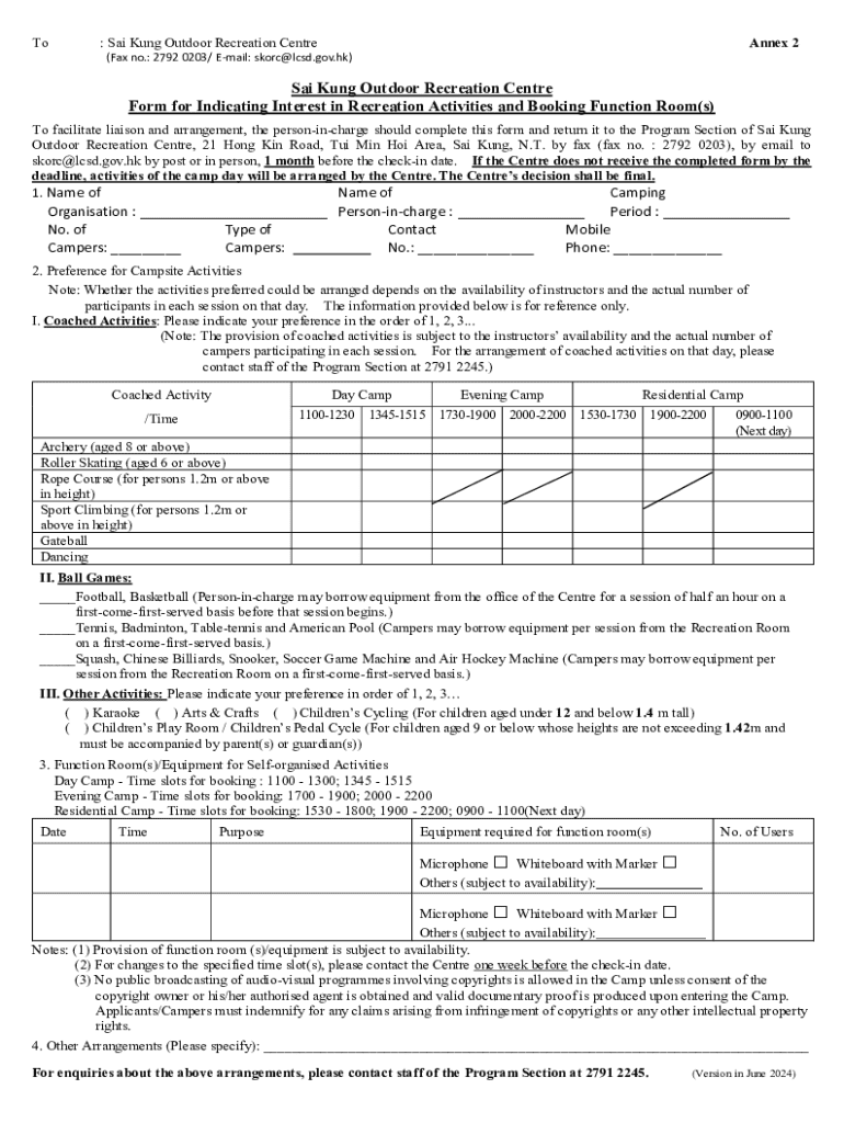Fillable Online Sai Kung Outdoor Recreation Centre - Interest in ...