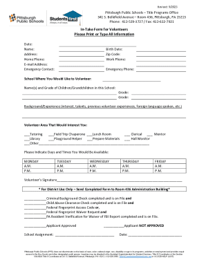 Fillable Online Volunteer Intake Form for Pittsburgh Public Schools ...