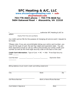 Sfc Heating & a/c Credit Card Authorization Doc Template | pdfFiller