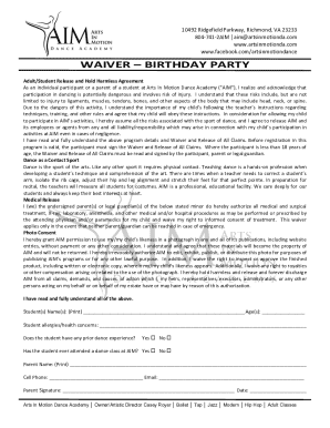 Fillable Online Aim Waiver Agreement for Birthday Party Participation ...