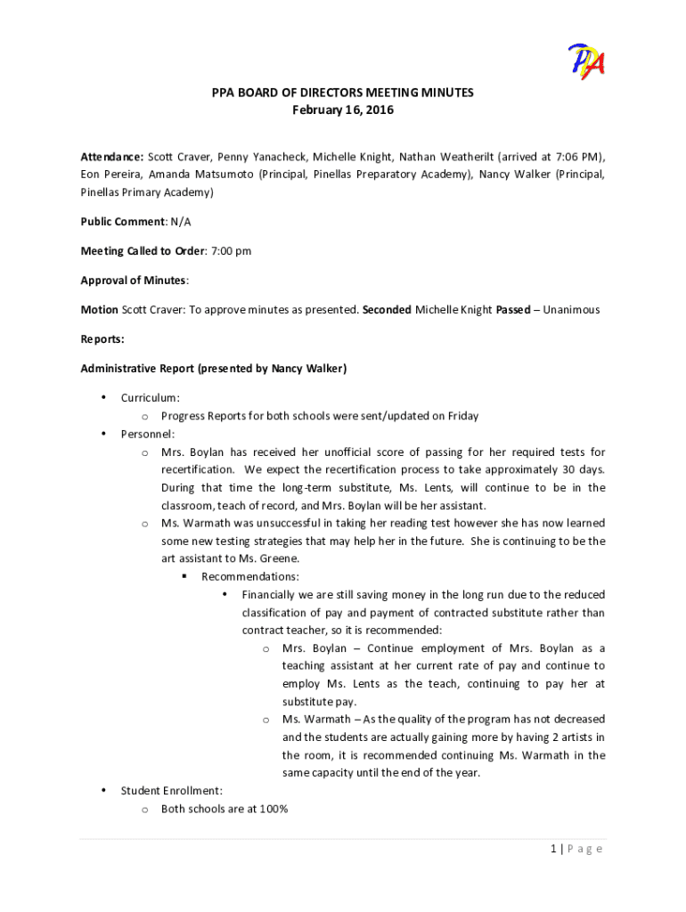 Fillable Online Attendance: Scott Craver, Penny Yanacheck, Michelle ...