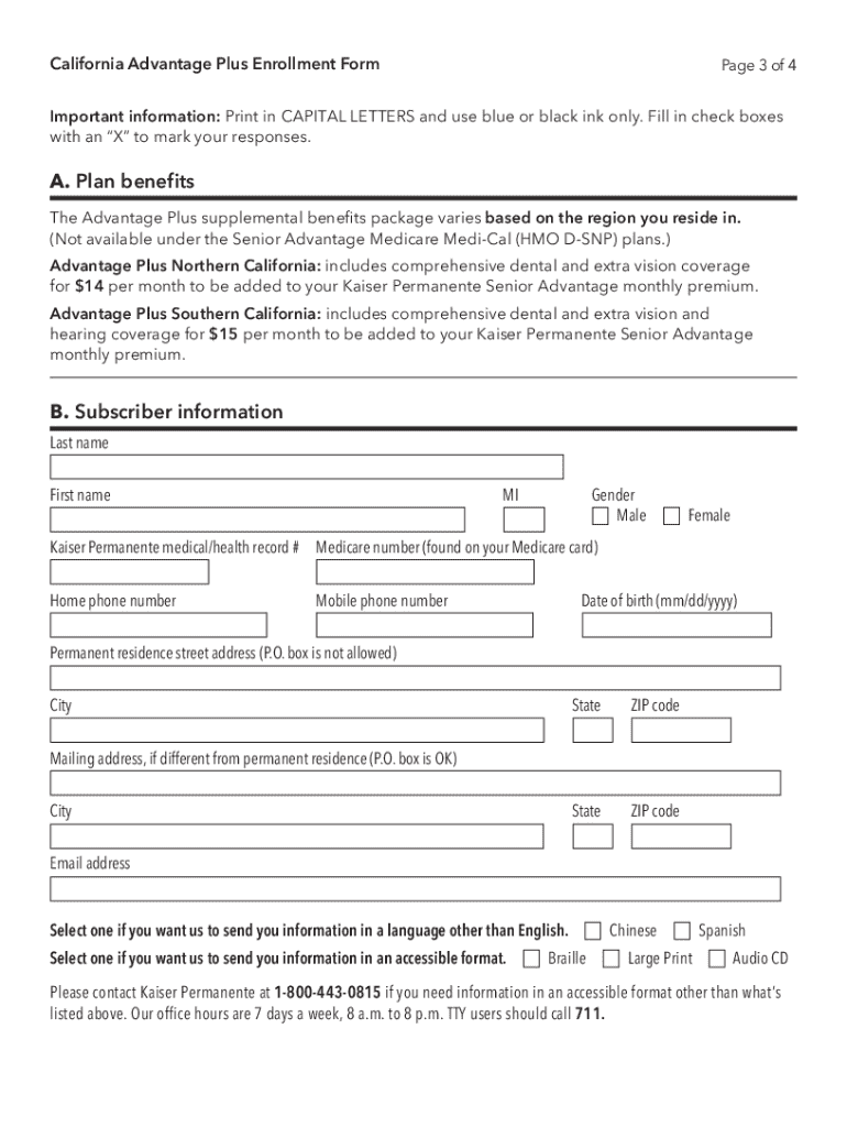 Fillable Online Advantage Plus Enrollment Form - California Region 2022 ...