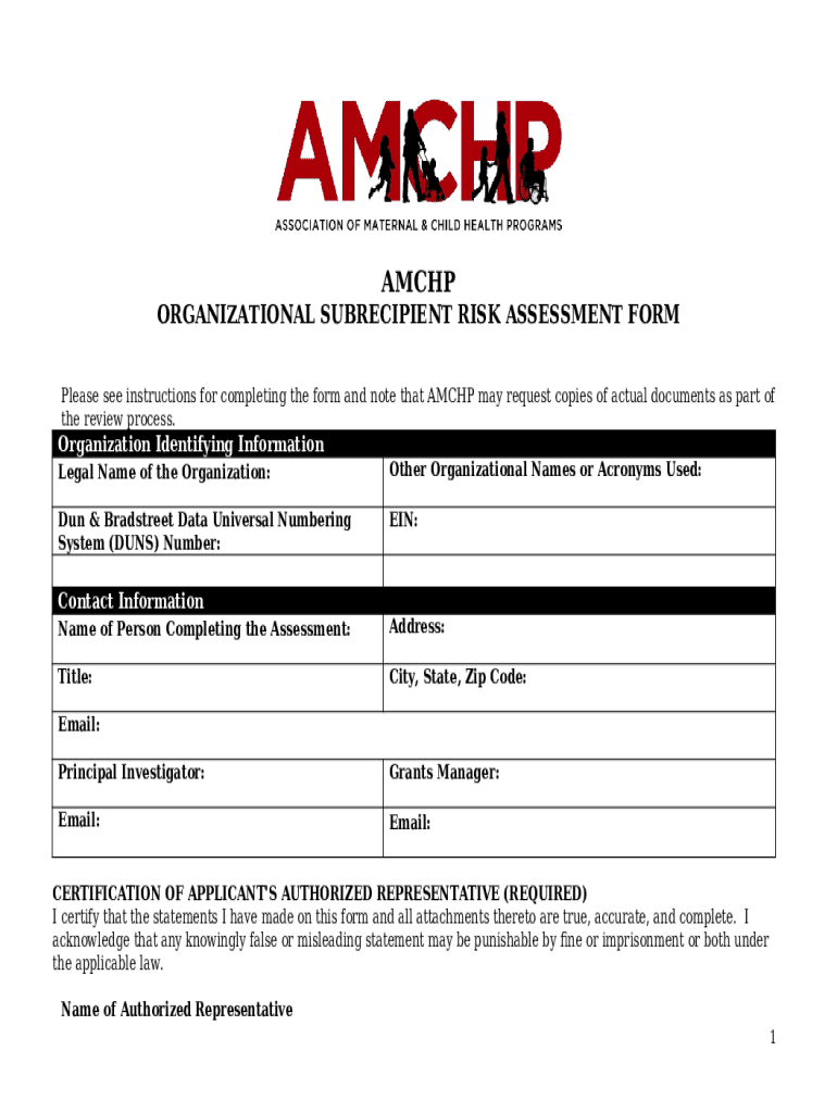 amchp organizational subrecipient risk assessment Doc Template | pdfFiller