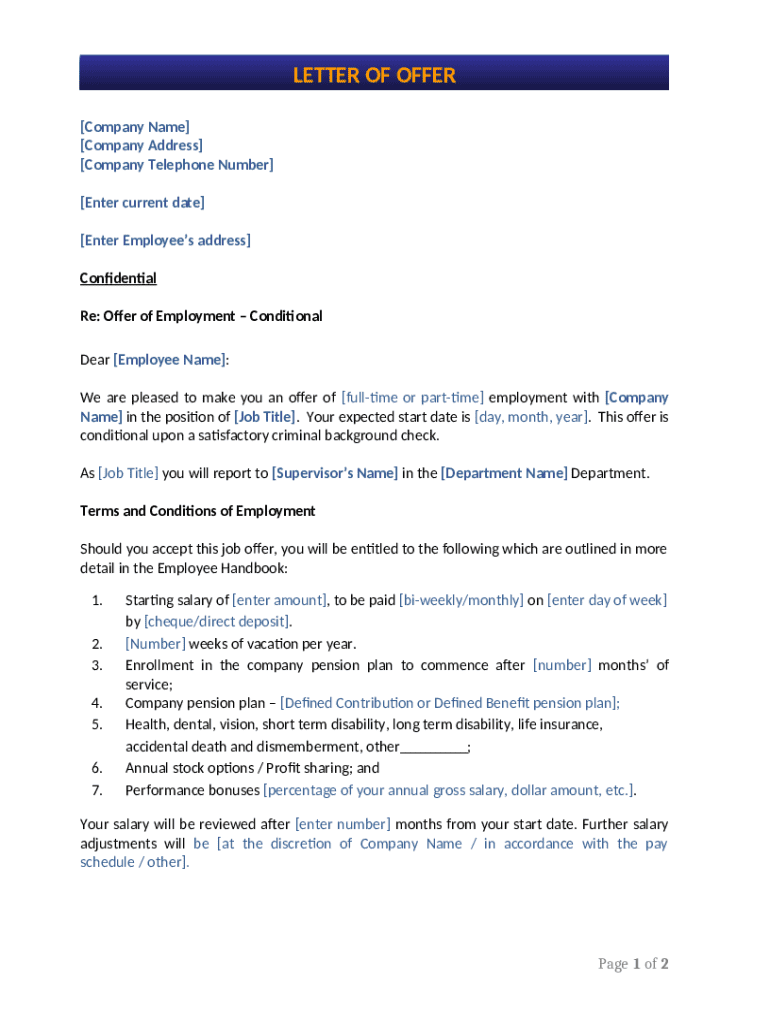 Offer of Employment - Conditional Doc Template | pdfFiller