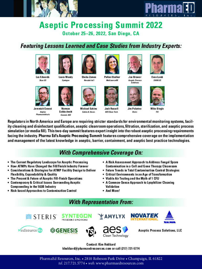 Fillable Online Aseptic Processing Summit 2022: Navigating Regulatory Challenges and Innovations ...