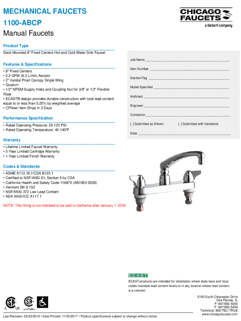 Fillable Online Chicago Faucets 1100-abcp Manual Faucet Specifications ...