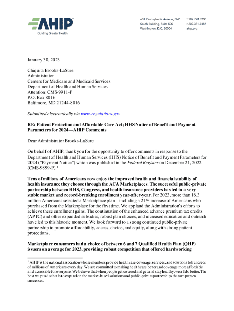 Fillable Online Ahip Comments on Hhs Notice of Benefit and Payment ...