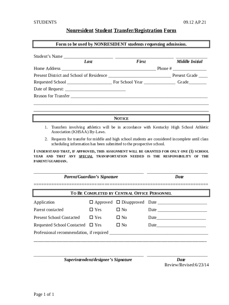 Nonresident Student Transfer/registration Doc Template | pdfFiller