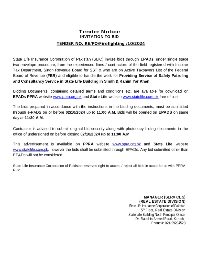 Tender Notice for Fire Safety Services Doc Template | pdfFiller