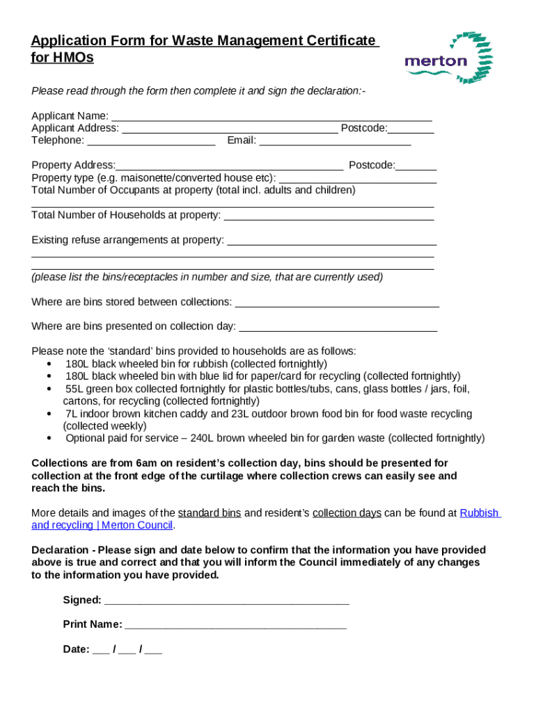 Waste Management Certificate Application for for HMOs Doc Template ...