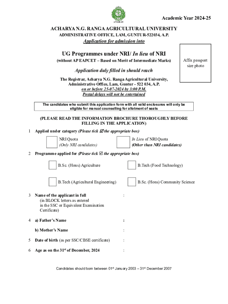 Fillable Online Ug Program Admission Application 2024-25 | Acharya N.g. Ranga Agricultural ...