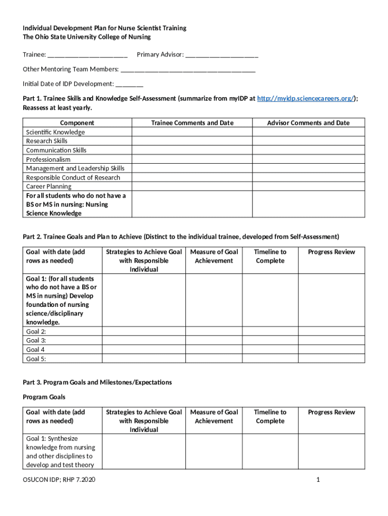 Individual Development Plan for Nurse Scientist Training - u osu Doc Template | pdfFiller