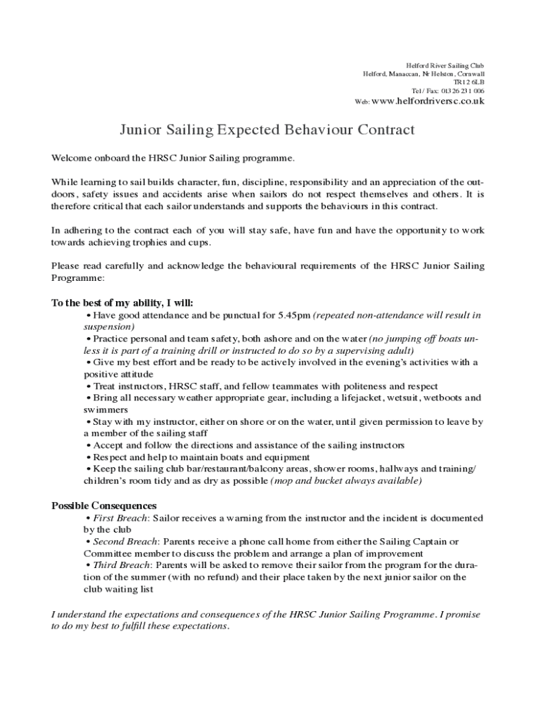 Fillable Online Hrsc Junior Sailing Expected Behaviour Contract 2023 ...
