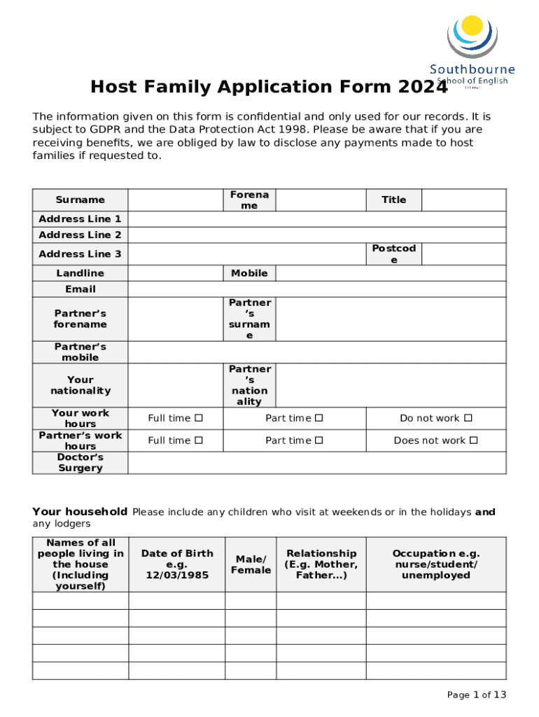 Host Family Application - southbourneschool co Doc Template | pdfFiller