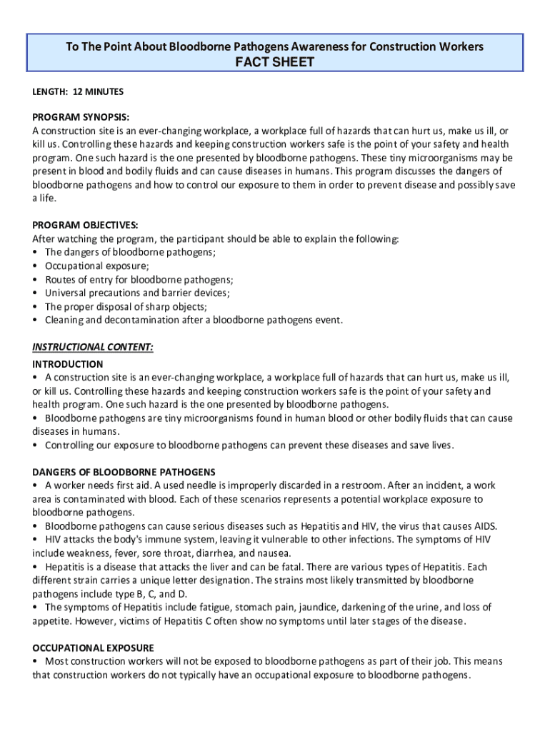 Fillable Online 2023 Bloodborne Pathogens Awareness for Construction ...