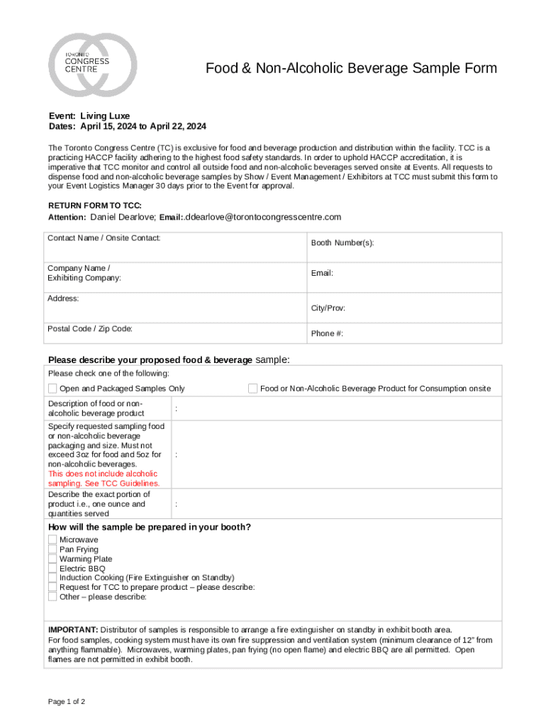 Living Luxe Food and Beverage Sample Request Doc Template | pdfFiller