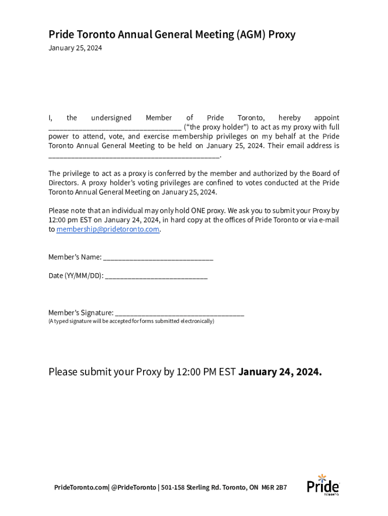 Fillable Online Pride Toronto Agm Proxy 2024 - Vote by Proxy at Annual ...