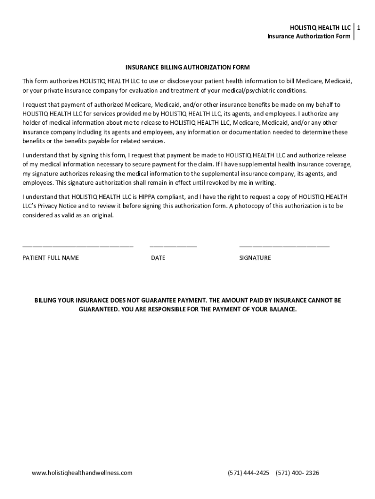 Fillable Online Insurance Billing Authorization Form - Holistiq Health ... Fillable Online Insurance Billing Authorization Form - Holistiq Health ...