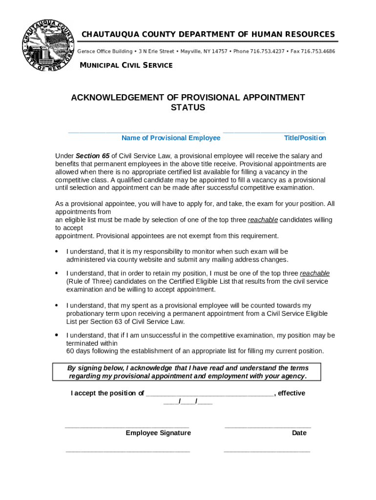 Acknowledgement of Provisional Appointment Status Doc Template | pdfFiller