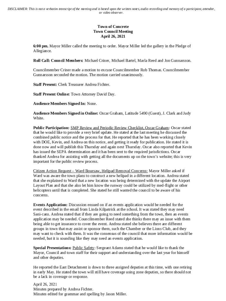 Roll Call: Council Members: Michael Criner, Michael Bartel, Marla Reed ...