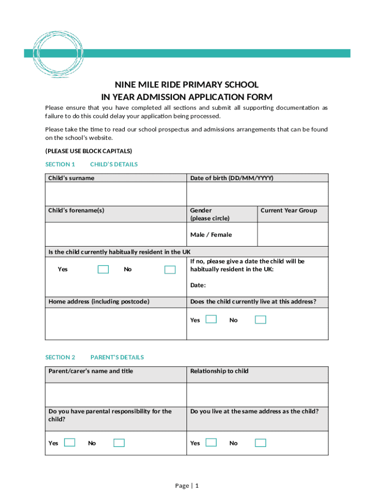 Nine Mile Ride Primary School Year Admission Application Doc Template ...