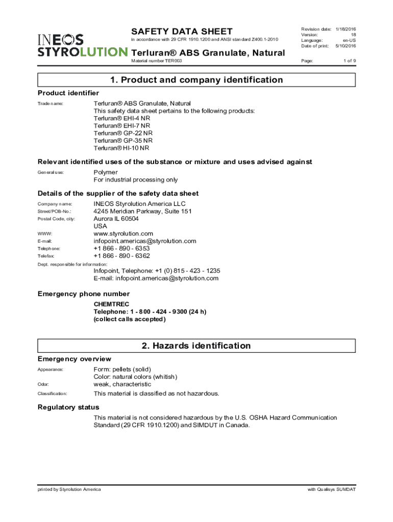 Fillable Online Terluran Abs Granulate Safety Data Sheet 2016 Fax Email ...
