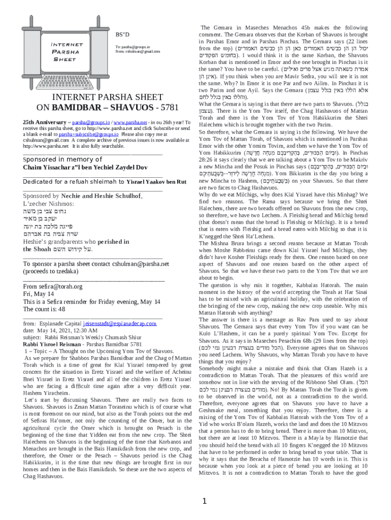 Internet Parsha Sheet Doc Template | pdfFiller