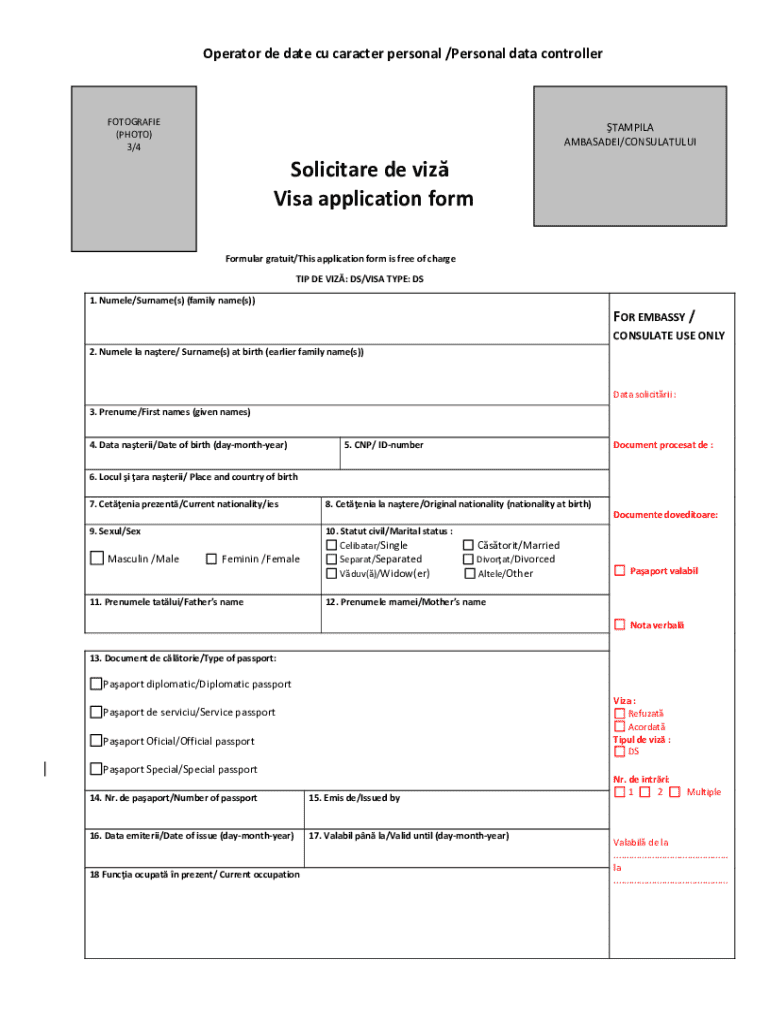 Fillable Online Solicitare de viz Visa application form Fax Email Print ...