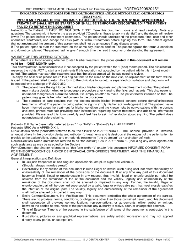 Fillable Online Informed Consent for Orthodontic Treatment 2015 ...