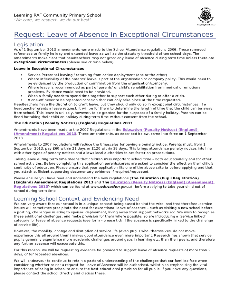 Leave of Absence Request - leeming-raf n-yorks sch Doc Template | pdfFiller