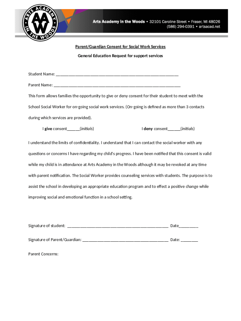 Parent/guardian Consent for Social Work Services Doc Template | pdfFiller
