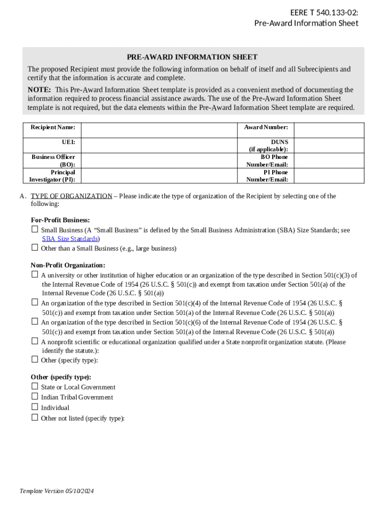 Pre-award Ination Sheet Doc Template | pdfFiller