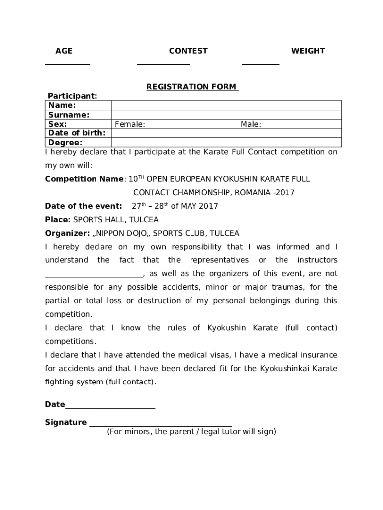 Karate Full Contact Registration Doc Template | pdfFiller
