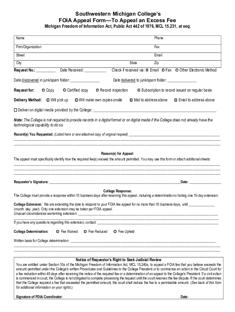 Fillable Online Michigan Foia Appeal Form for Excess Fee 2023 Fax Email ...