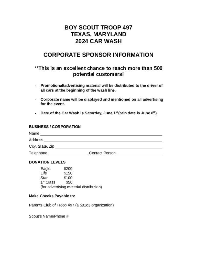 Corporate Sponsor Ination for Boy Scout Troop 497 Car Wash Doc Template ...