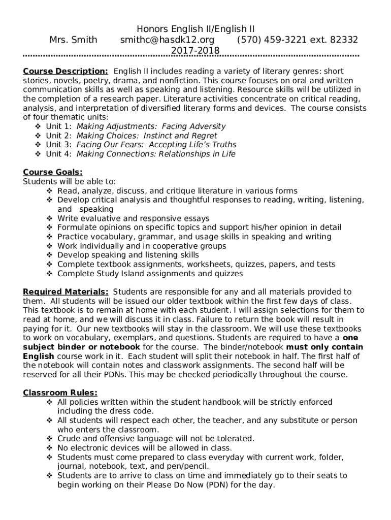 Honors English Ii Syllabus Doc Template | pdfFiller