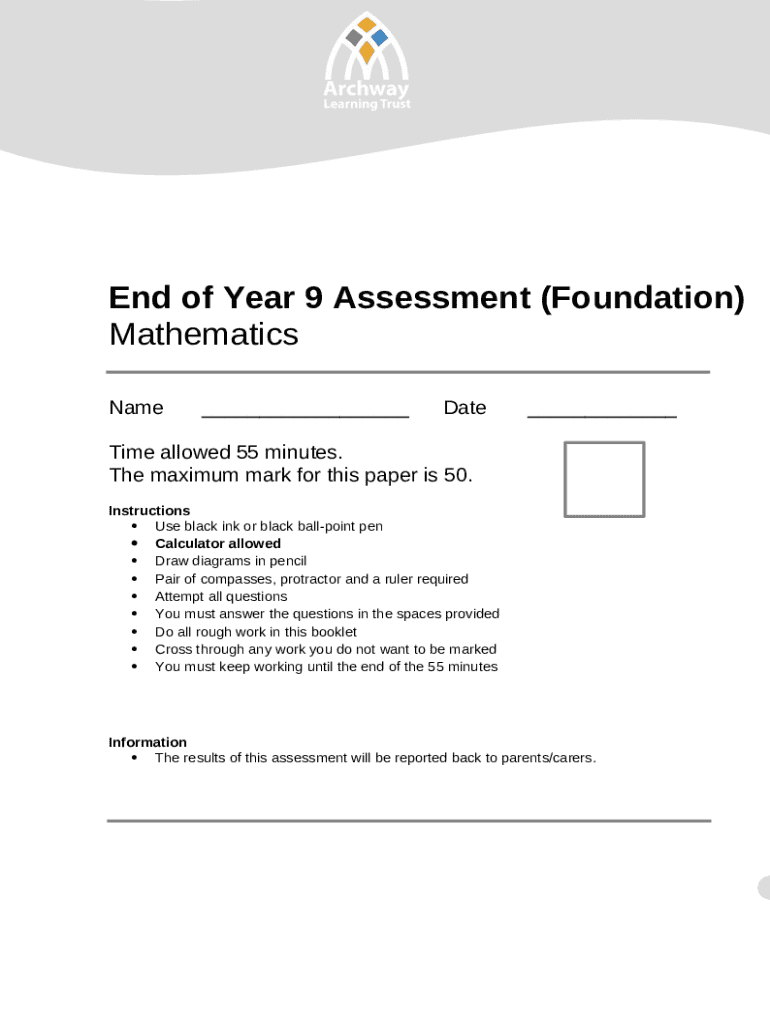 End of Year 9 Assessment Mathematics Doc Template | pdfFiller