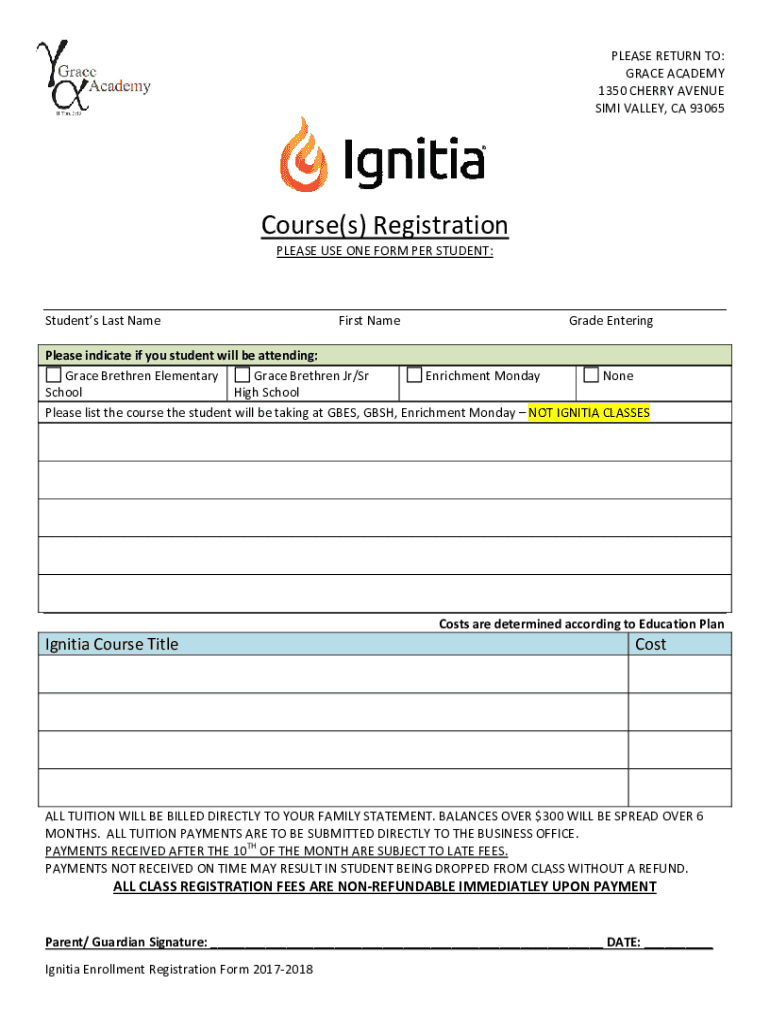 Fillable Online Ignitia Enrollment Registration for 2017-2018 at Grace Academy Fax Email Print ...