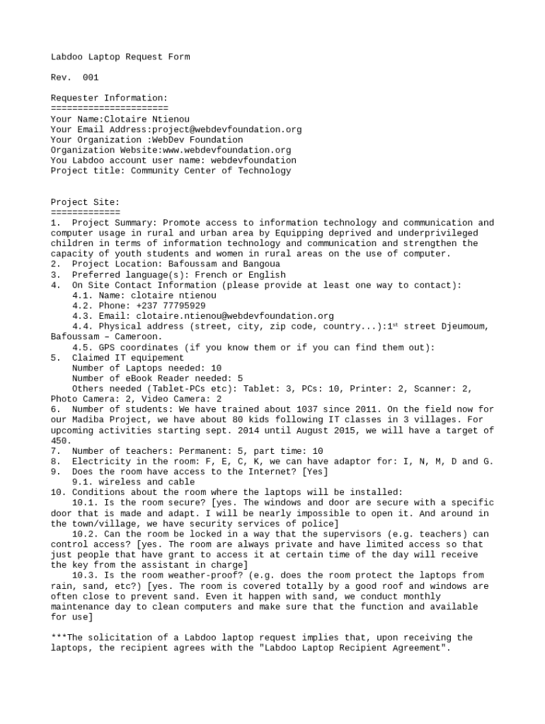 Fillable Online Labdoo Laptop Request Form for Community Technology ...