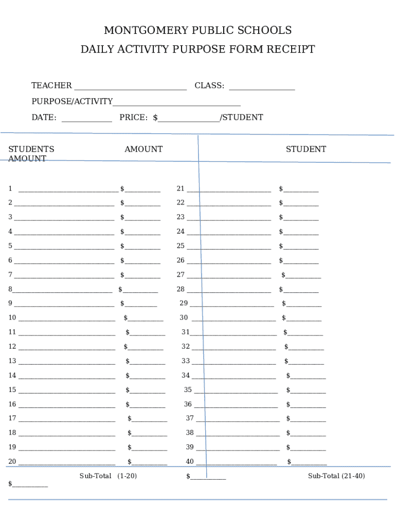 Daily Activity Purpose Receipt Doc Template | pdfFiller