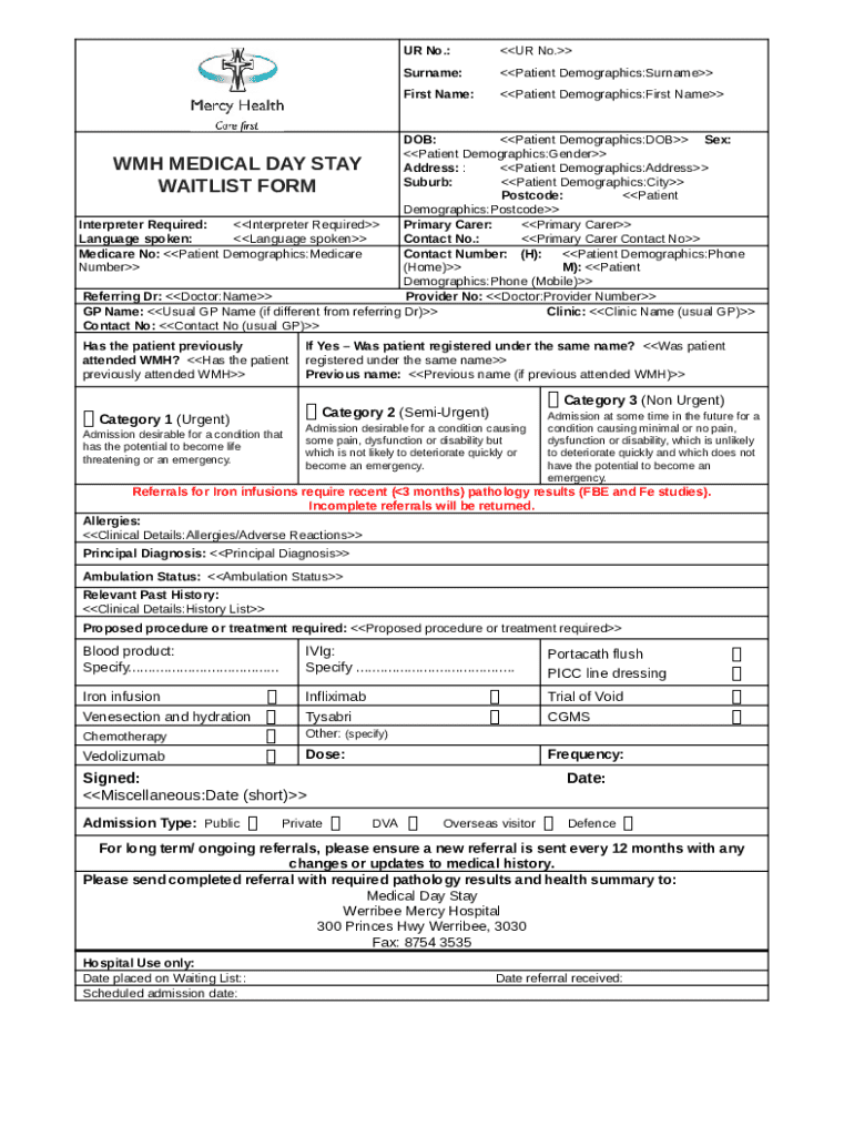 Wmh Medical Day Stay Waitlist Doc Template | pdfFiller