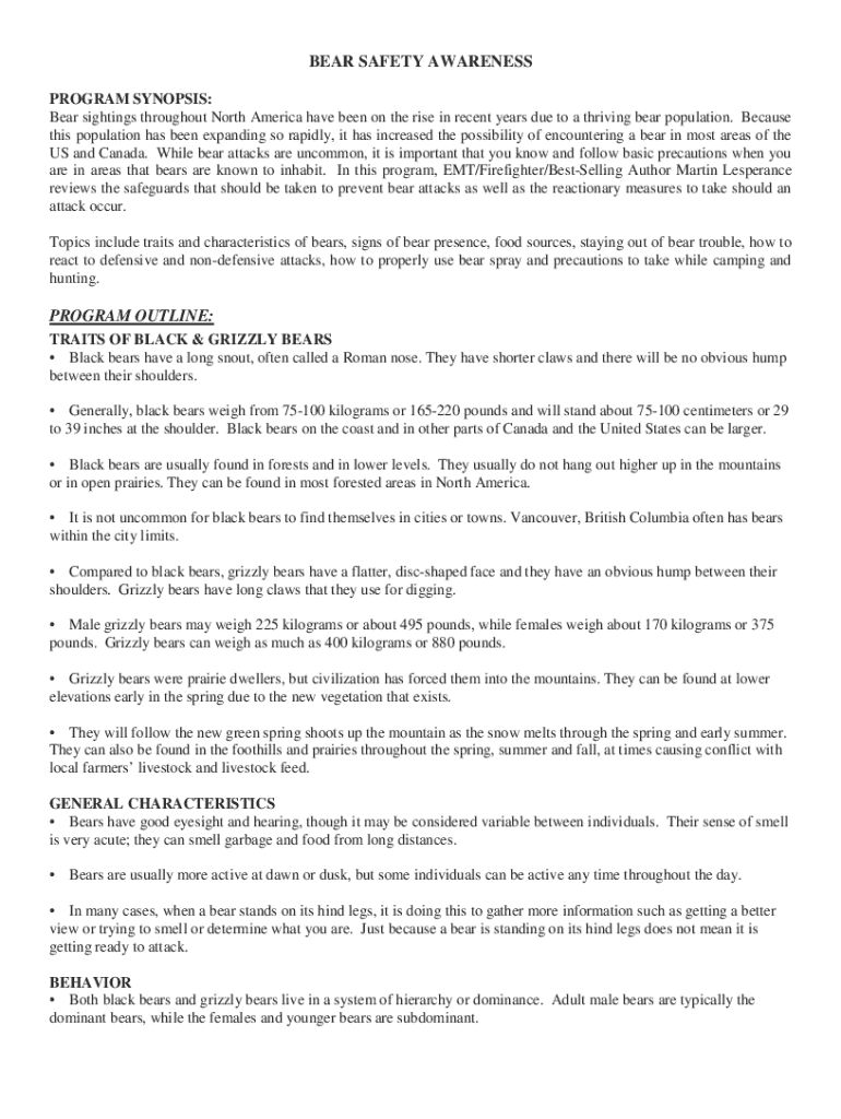 Fillable Online Bear Safety Awareness Program: Essential Guidelines to ...
