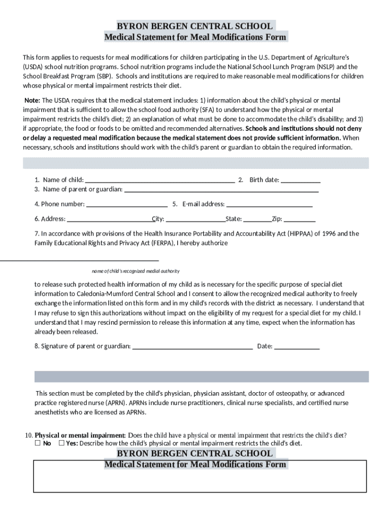 Medical Statement for Meal Modifications Doc Template | pdfFiller
