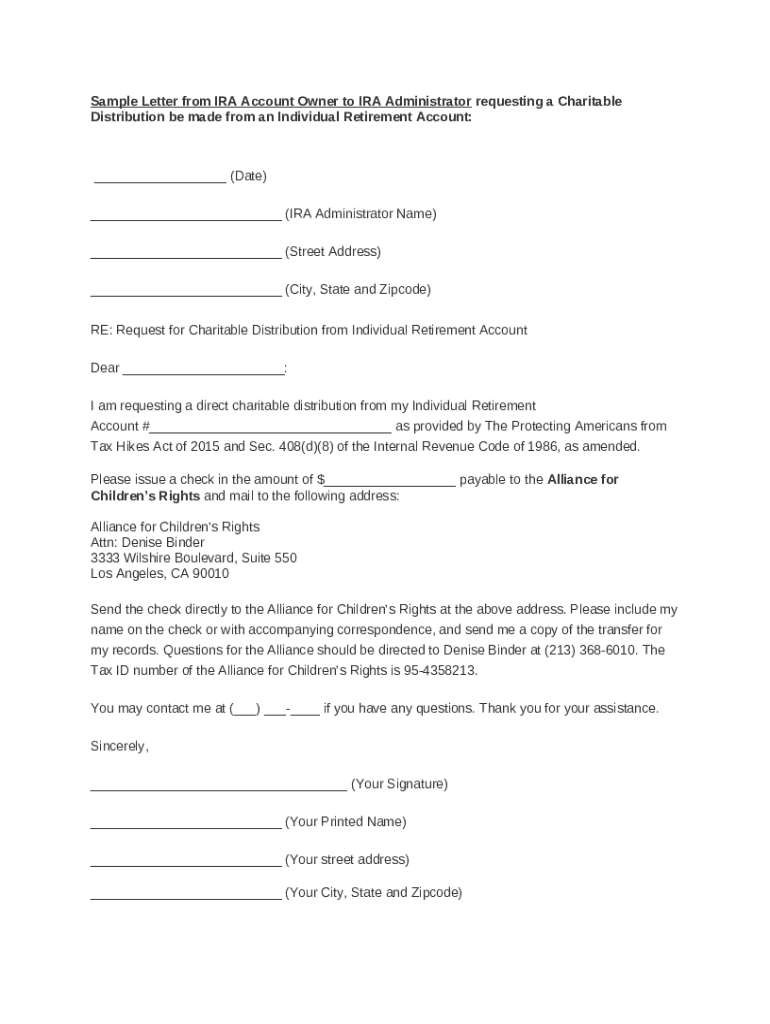 Plan Owner to Administrator for Charitable Distribution from ... Doc Template | pdfFiller