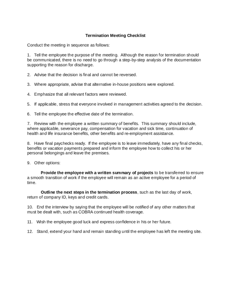 Termination Meeting Checklist and Employee Exit Interview Doc Template ...
