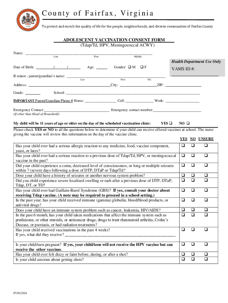 Fillable Online Adolescent Vaccination Consent Form 2024 - Fairfax ...
