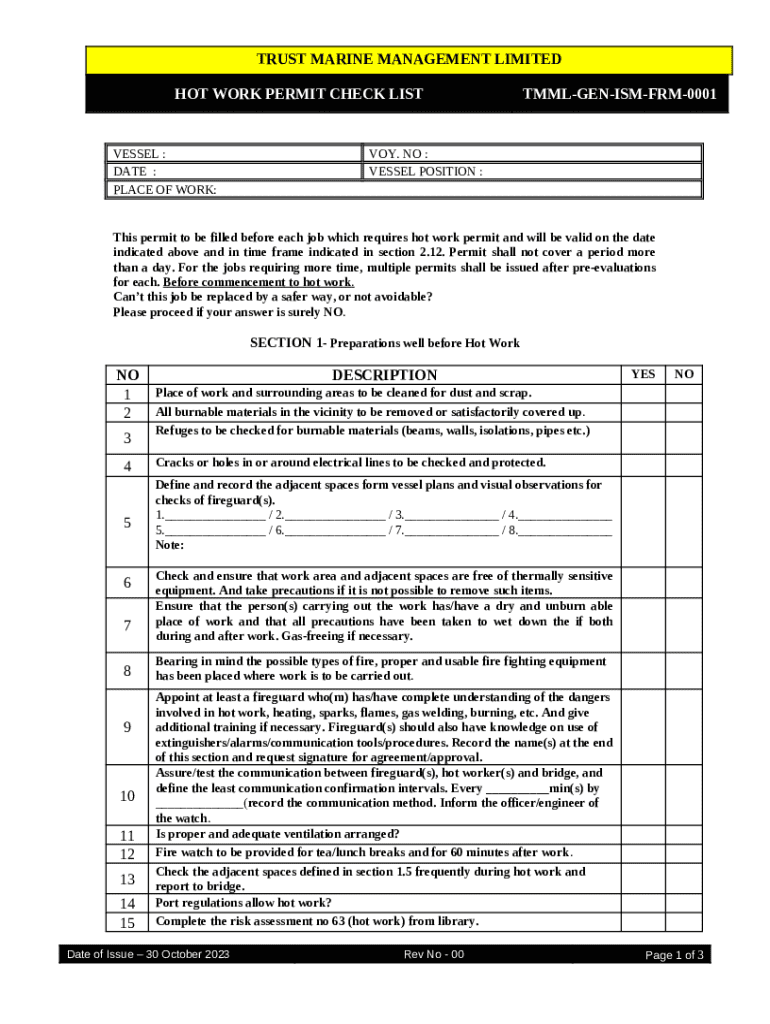 Marine hot work Permit to Work (PTW) systems Doc Template | pdfFiller