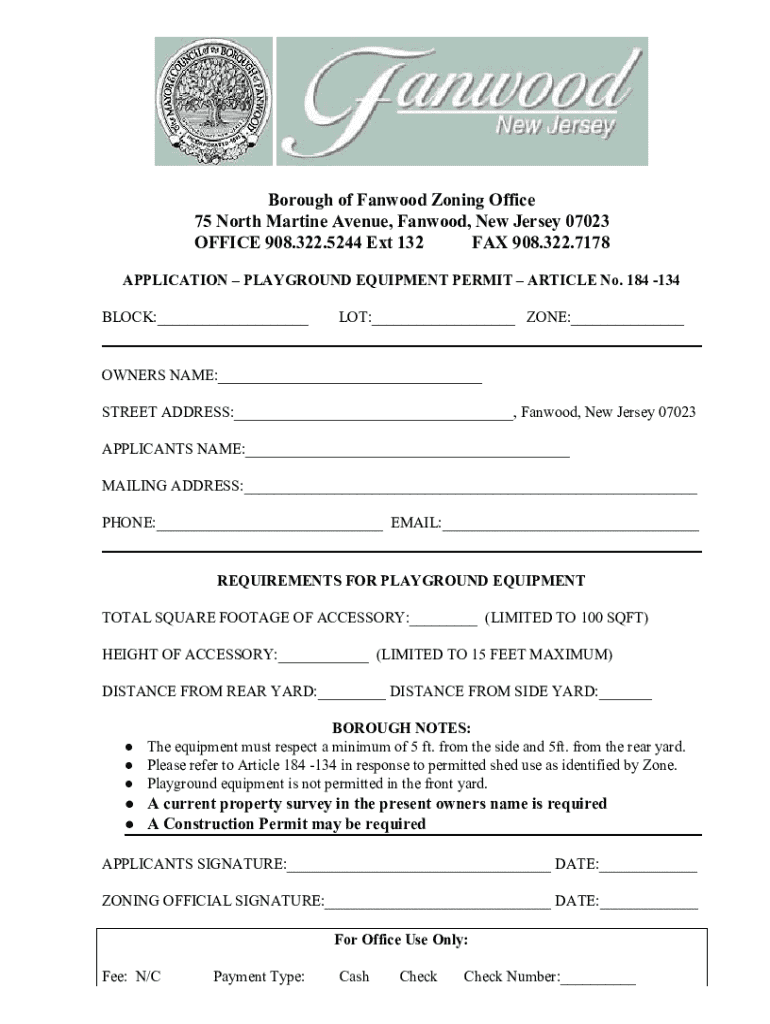 Fillable Online Playground Equipment Permit Application 2023 - Fanwood Zoning Office Fax Email ...