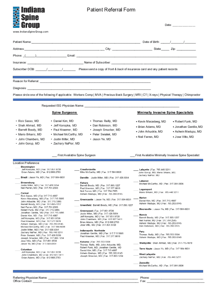 Fillable Online Patient Referral Form - Indiana Spine Group 2023 Fax ...
